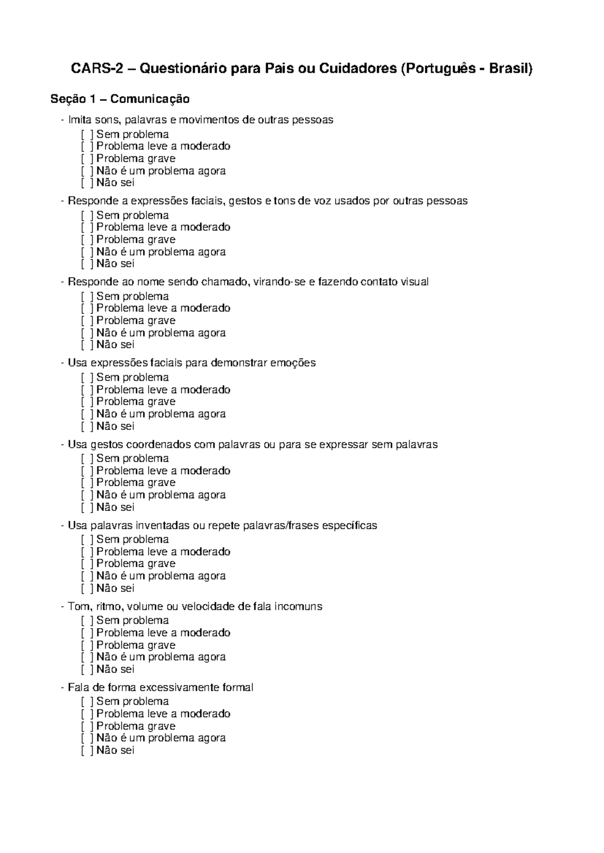 CARS-2 Questionario Pais Checklist Completo PT-BR - CARS-2 ...