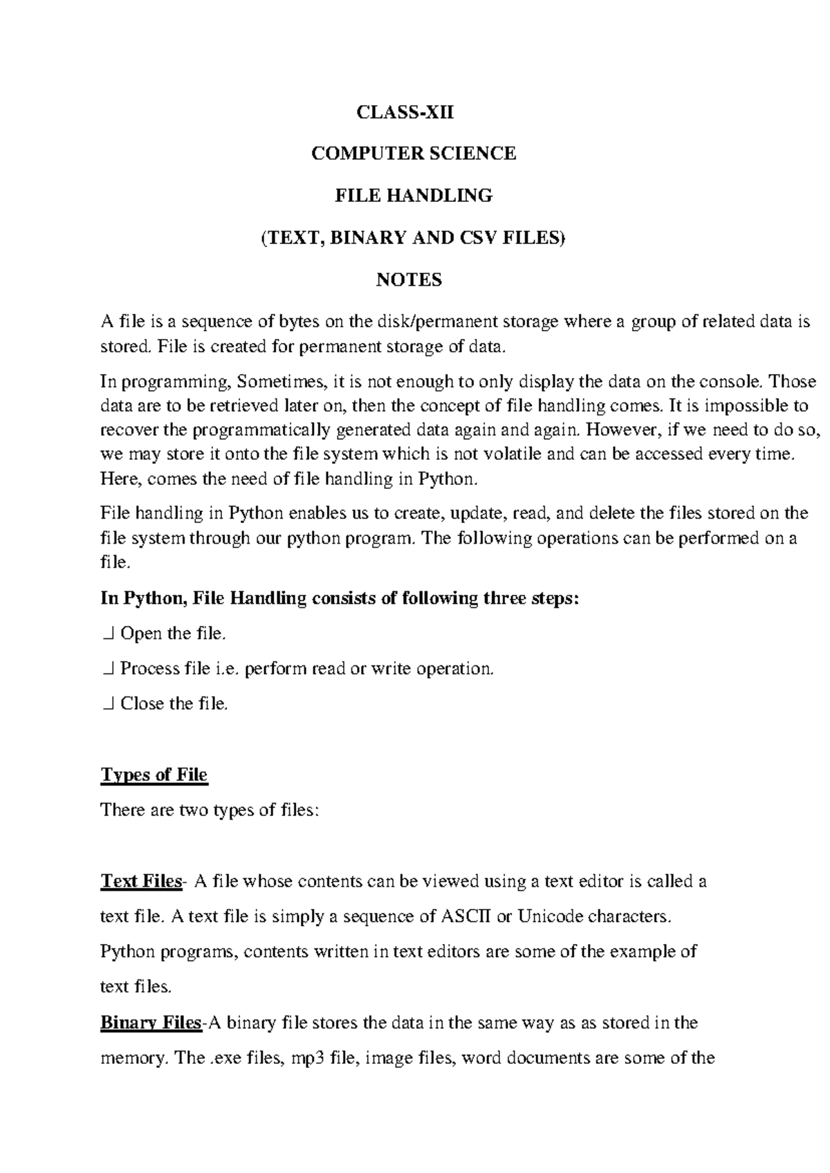 Class-12 Computer Science Term-I Notes on File Handling Techniques ...