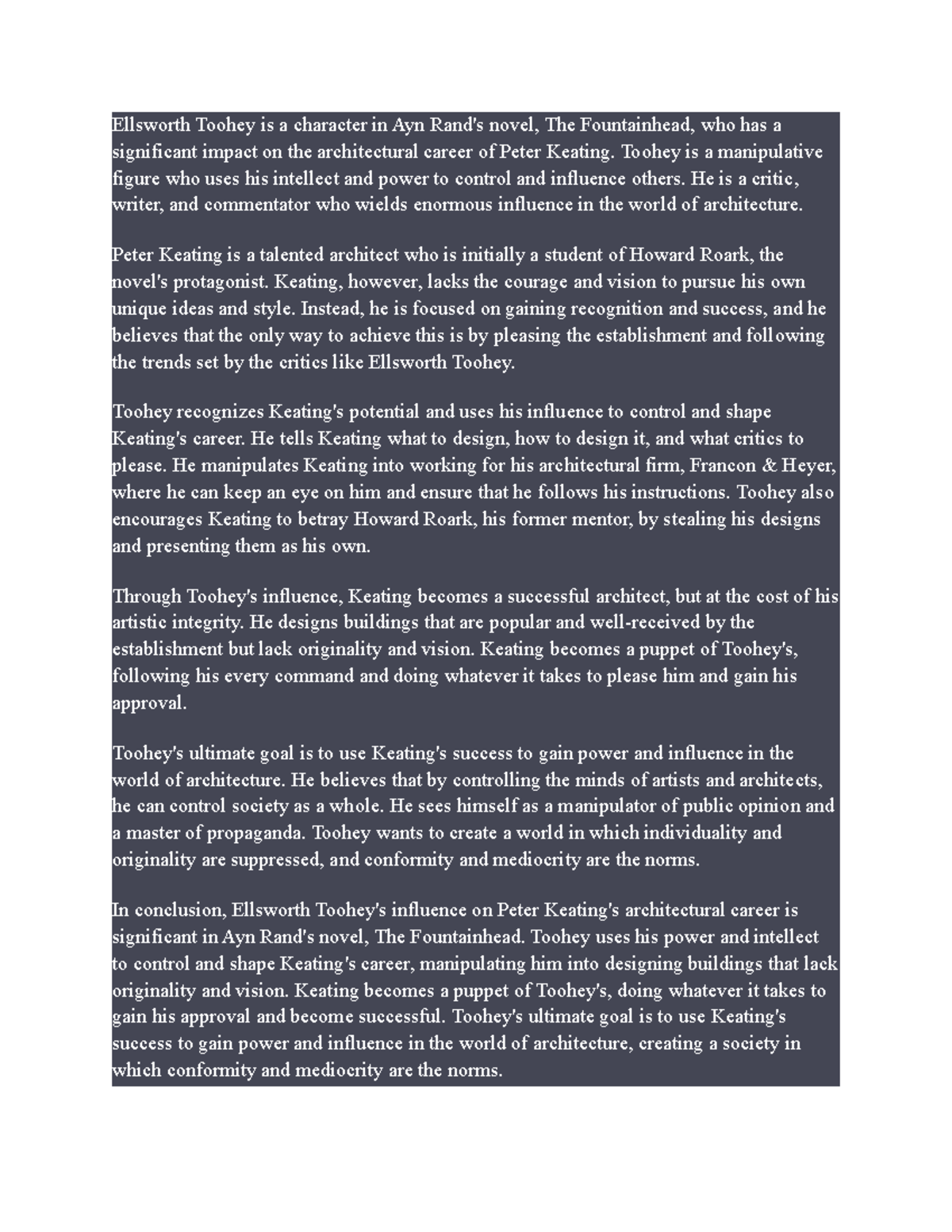 Untitled document - arch essay #2 - Ellsworth Toohey is a character in ...