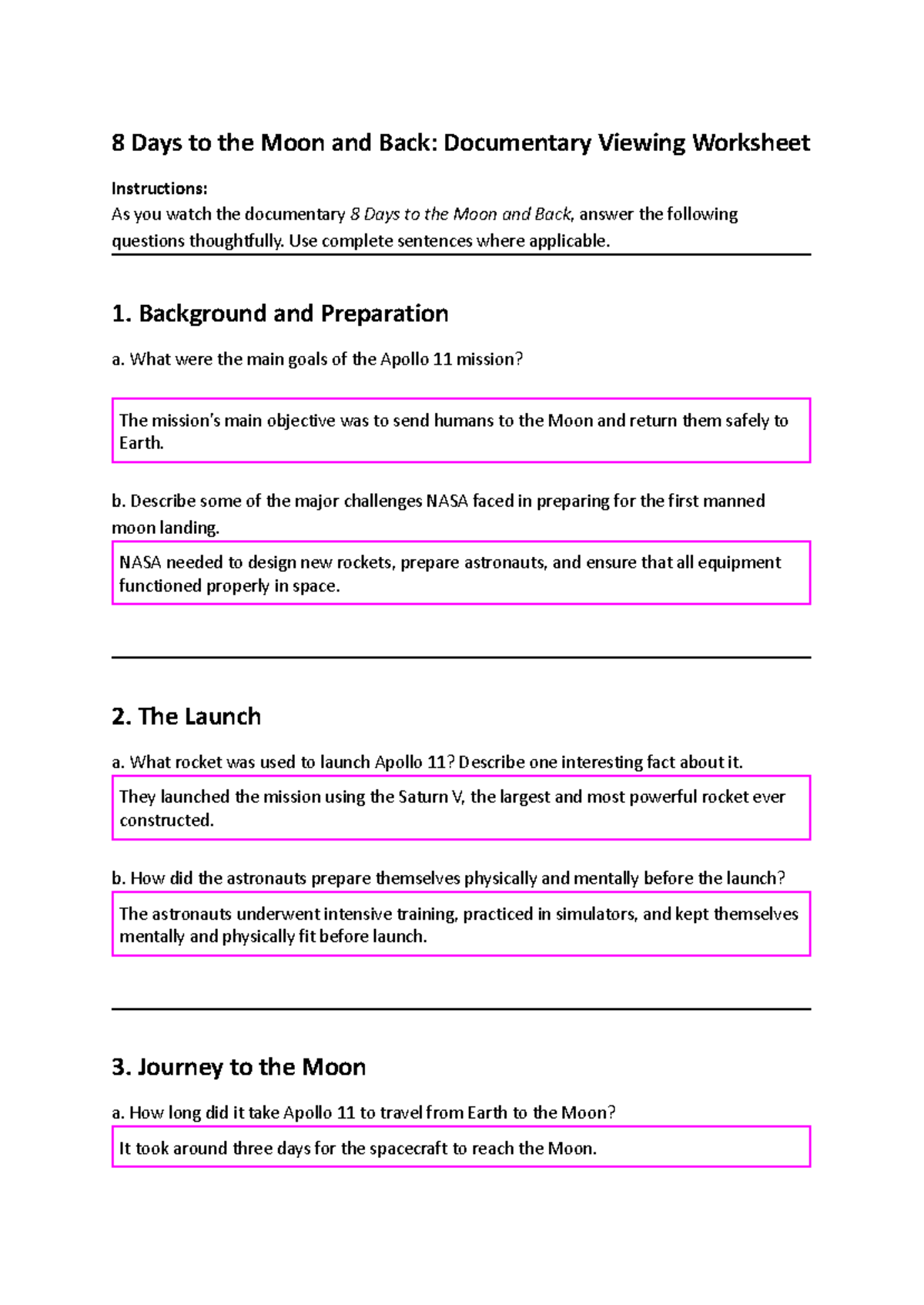 8 Days to the Moon and Back: Apollo 11 Documentary Worksheet - Studocu