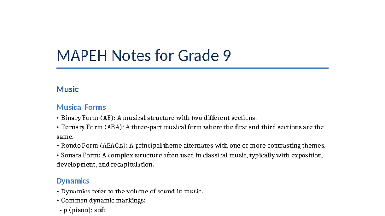 Grade 9 Mapeh Notes - MAPEH Notes for Grade 9 Music Musical Forms ...