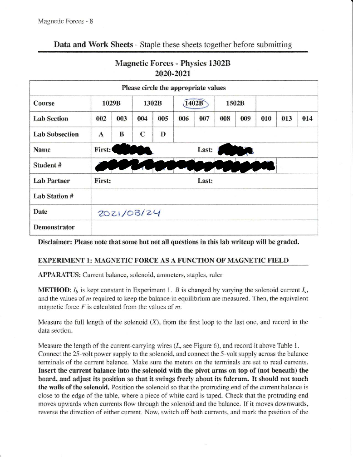 Magnetic Forces Lab Report - Physics 1302B - Studocu