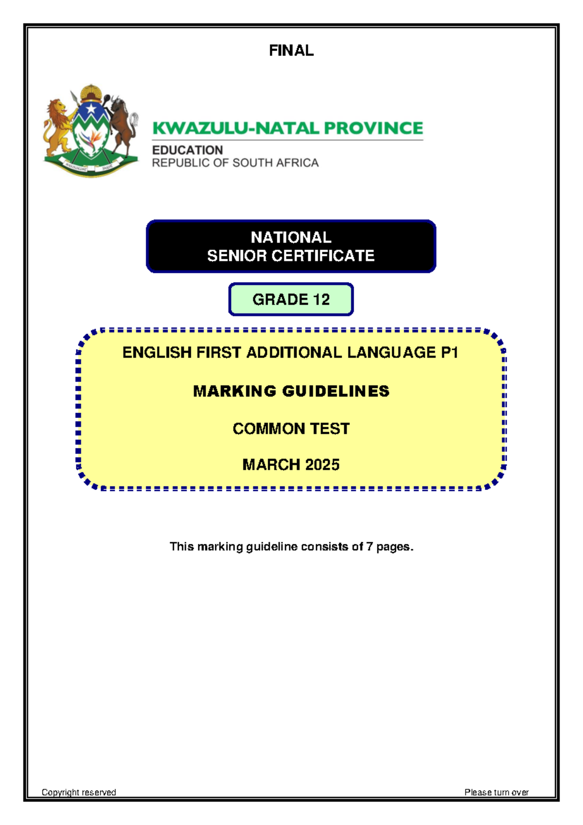 English FAL P1 Grade 12 March 2025 Marking Guidelines - Studocu