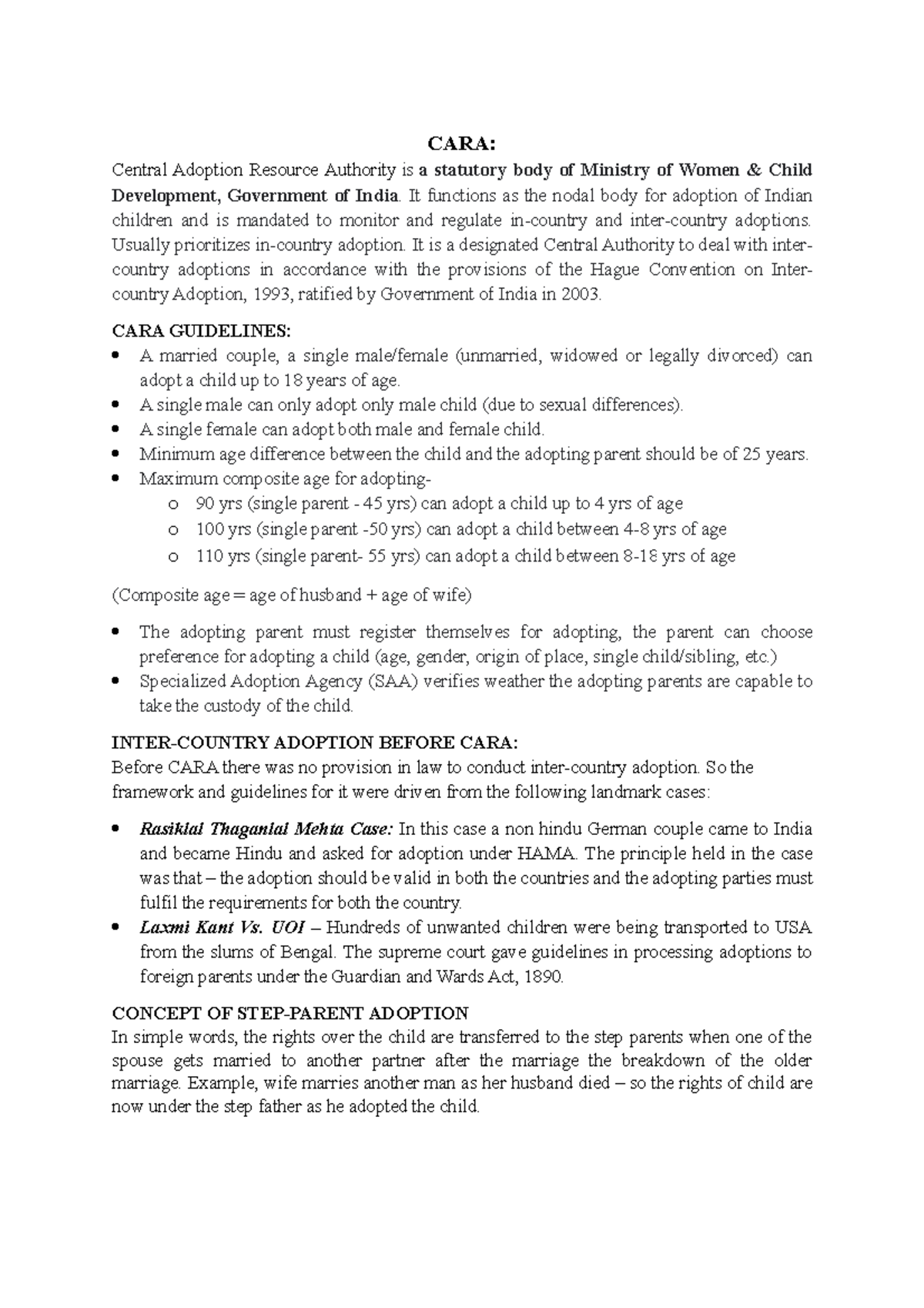 CARA Guidelines for Adoption: Key Points and Historical Context - Studocu