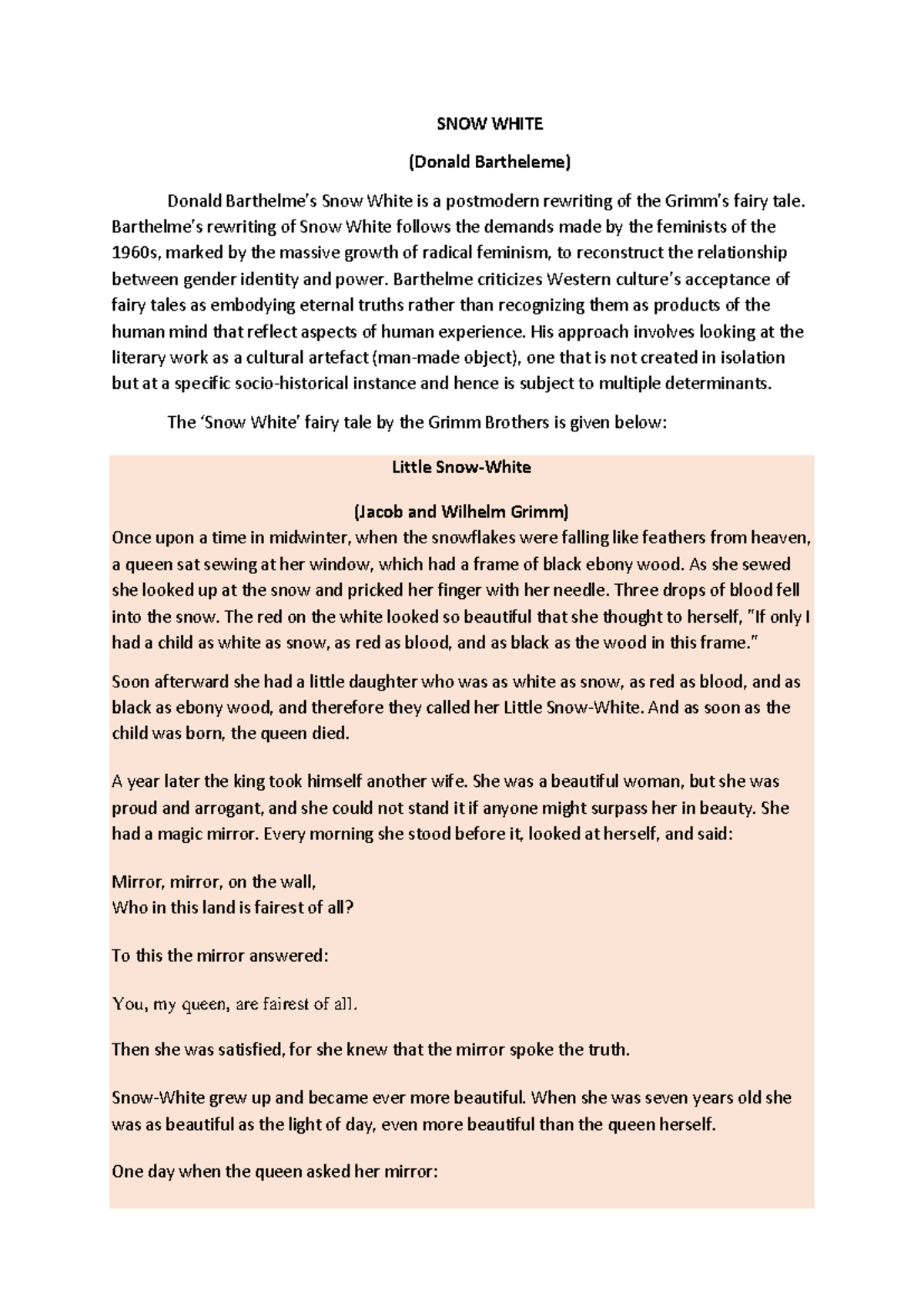 S3 MA - Snow White: A Postmodern Feminist Analysis - Studocu