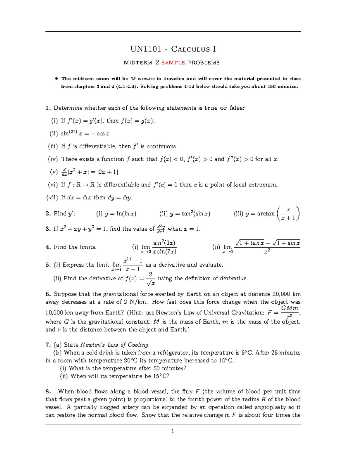 UN1101 Calculus I Midterm 2 Practice Problems - Studocu