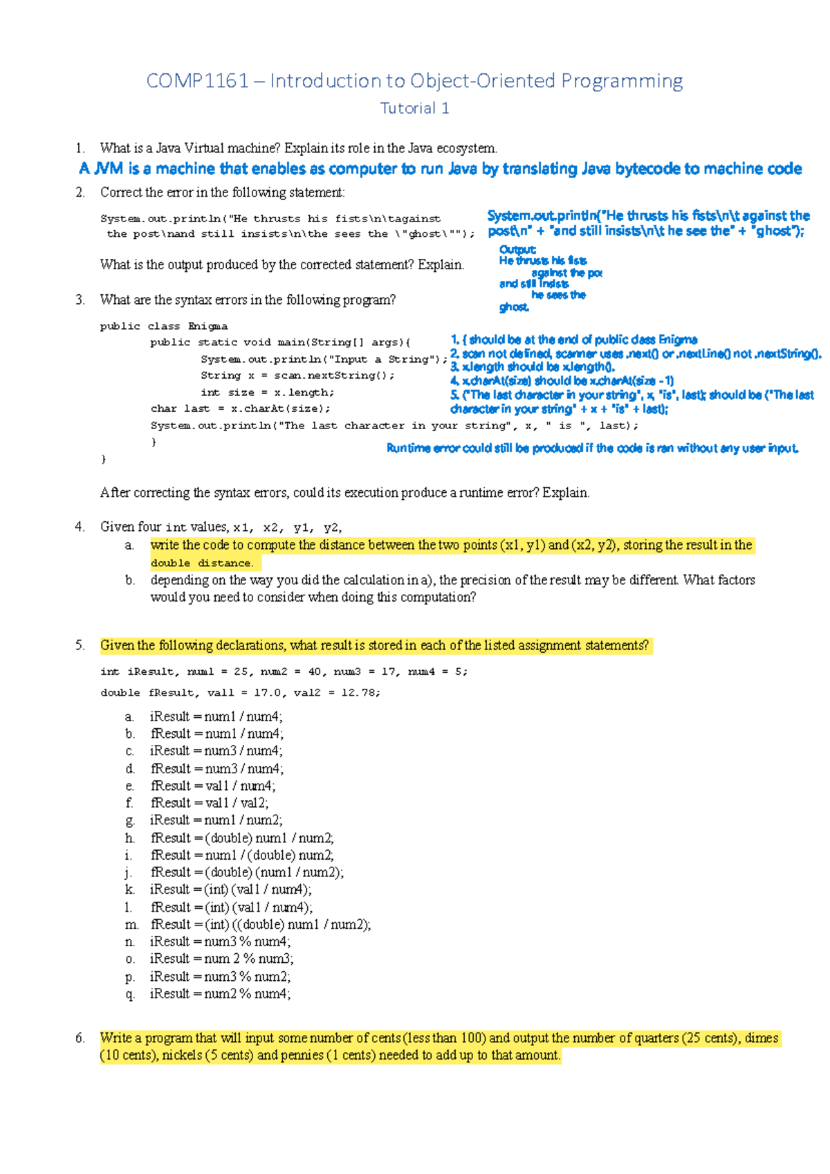 COMP1161 Java Programming Tutorial 1: JVM, Syntax Errors & Distance Calculation - Studocu