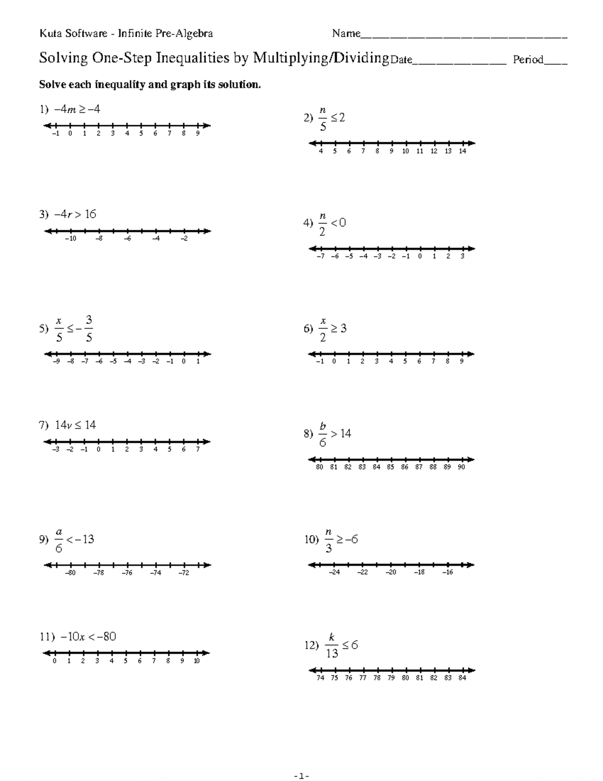 Solving One-Step Inequalities Multiplying and Dividing - ©t C 2O0Z 1 ...