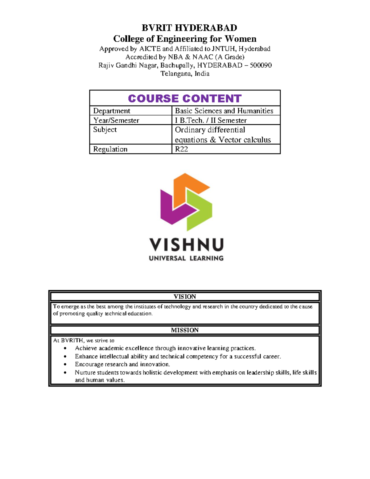 ODE VC Course Content: Ordinary Differential Equations & Vector ...