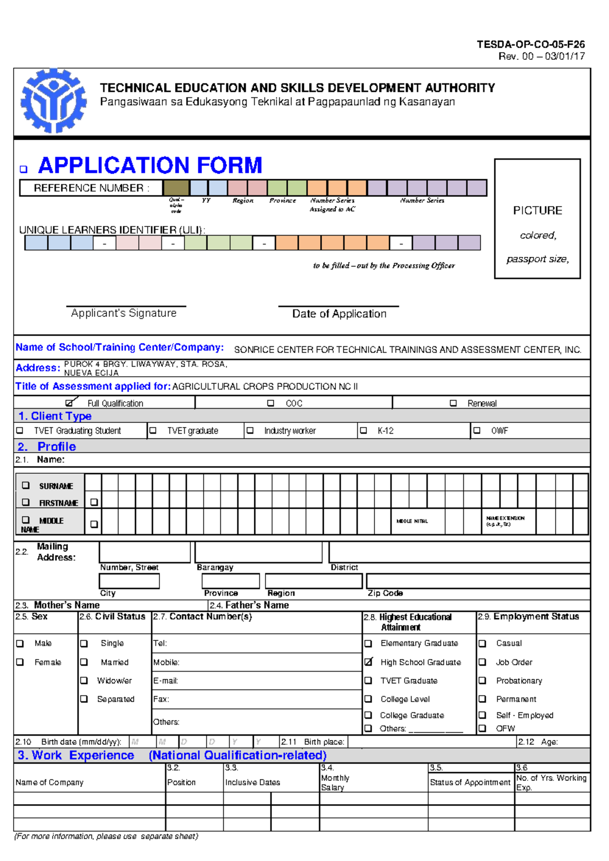 TESDA Application Form for Agricultural Crops Production NC II - Studocu