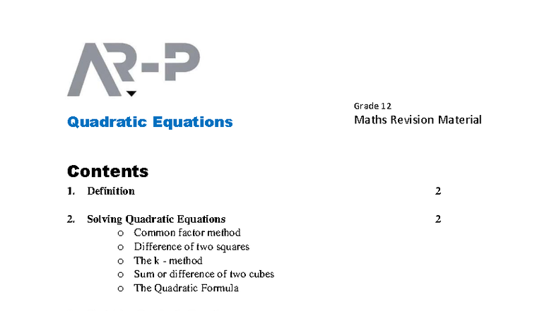 Grade 12 Maths: Quadratic Equations Revision Notes - Studocu