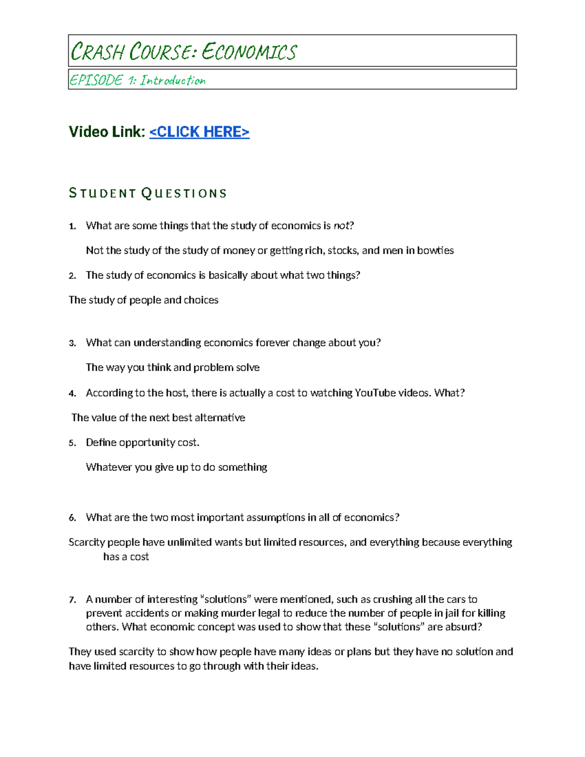 Crash Course 1: Intro to Economics - Key Concepts & Q&A - Studocu