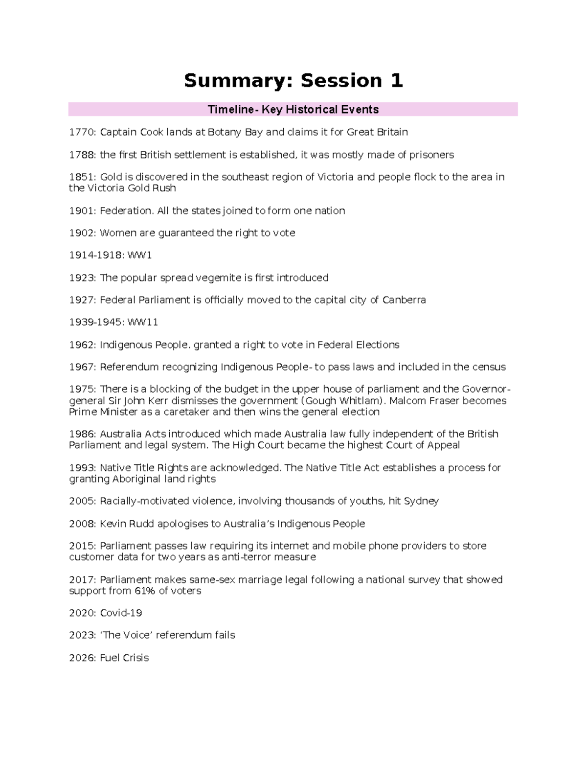 Summary of Key Historical Events and Legal Systems in Australia - Studocu