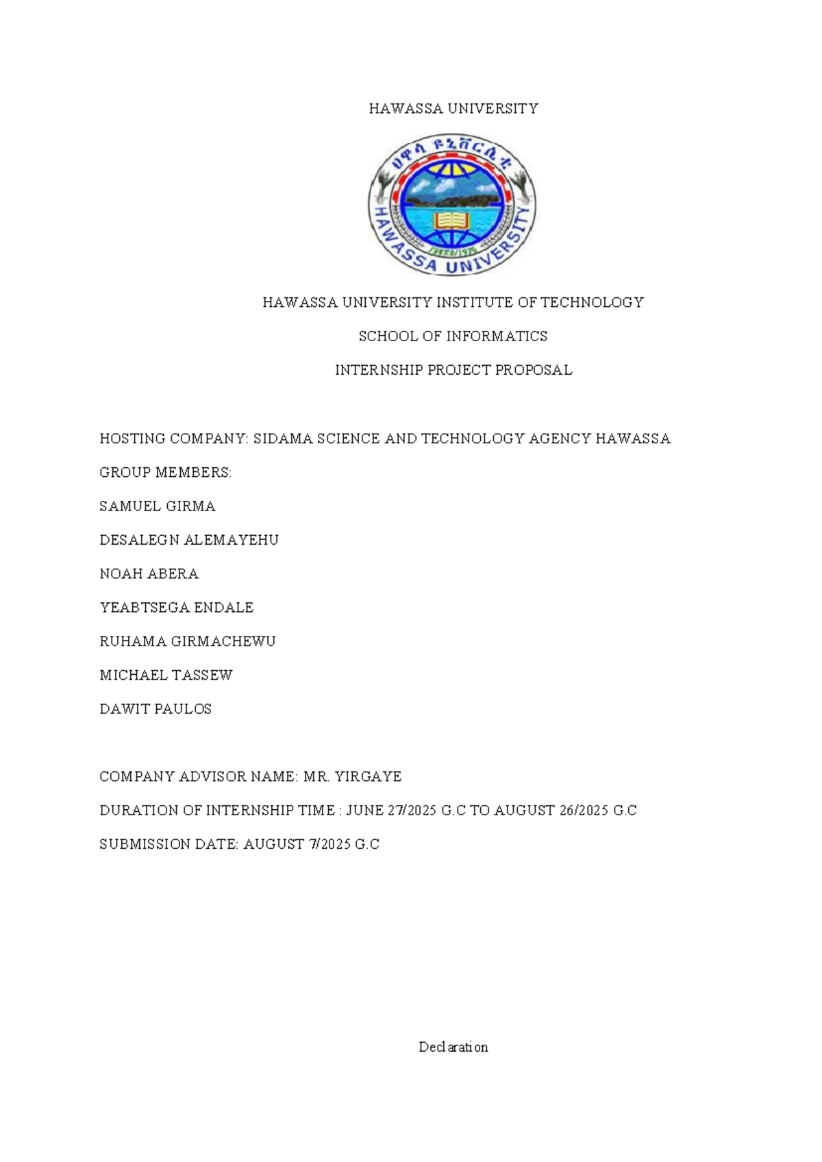 HAWASSA UNIVERSITY CSIS 3RD YEAR INTERNSHIP PROJECT PROPOSAL - Studocu