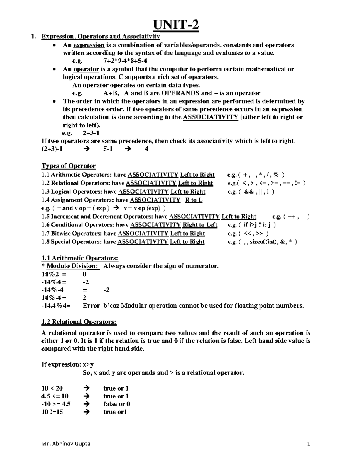 C Programming (CS101) Unit 2: Expressions, Operators & Control ...