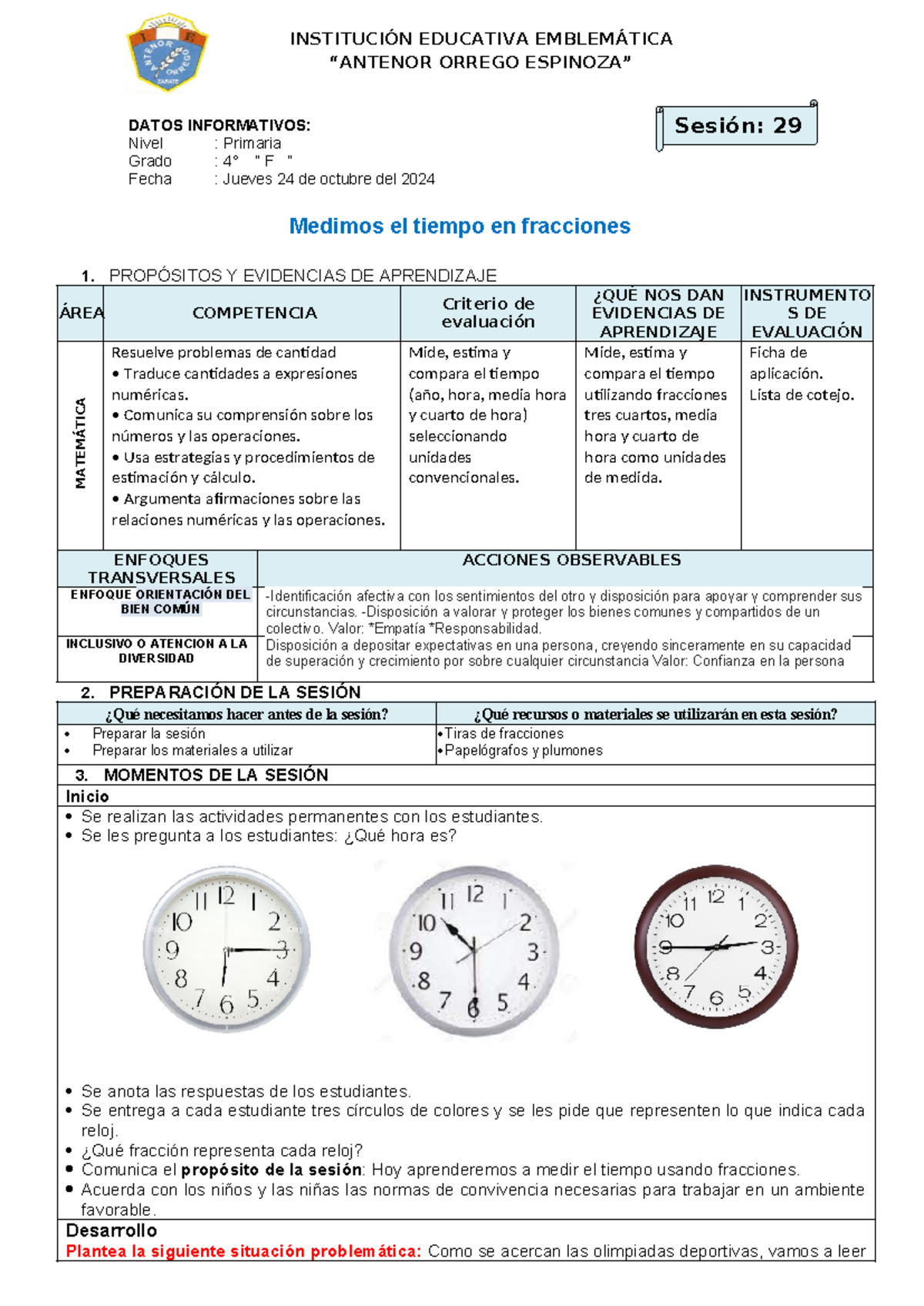 Matematica 4°F: Medimos el Tiempo Usando Fracciones - Sesión 29 - Studocu