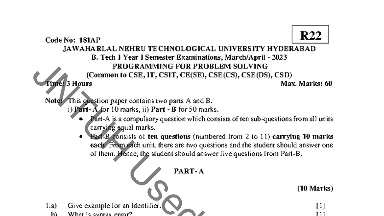 B.Tech I Year I Sem: Programming for Problem Solving Exam Paper (R22 ...