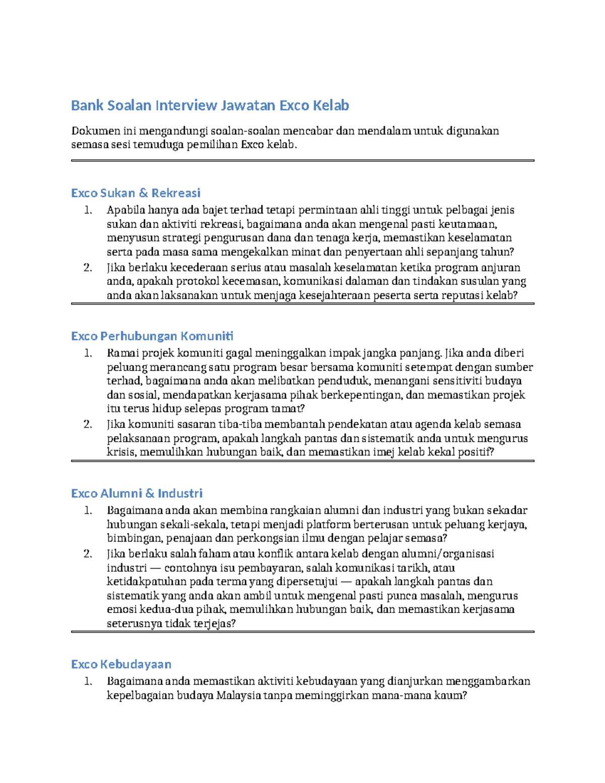Bank Soalan Interview Exco Kelab: Persediaan Temuduga dan Strategi ...