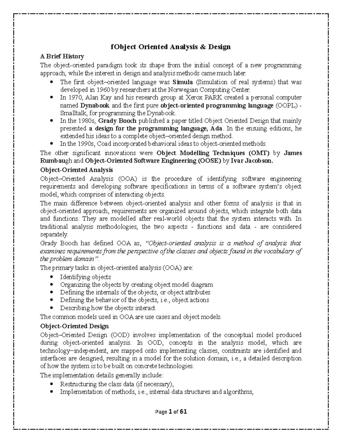 Object Oriented Analysis And Design Class Notes Fobject Oriented Analysis And Design A Brief
