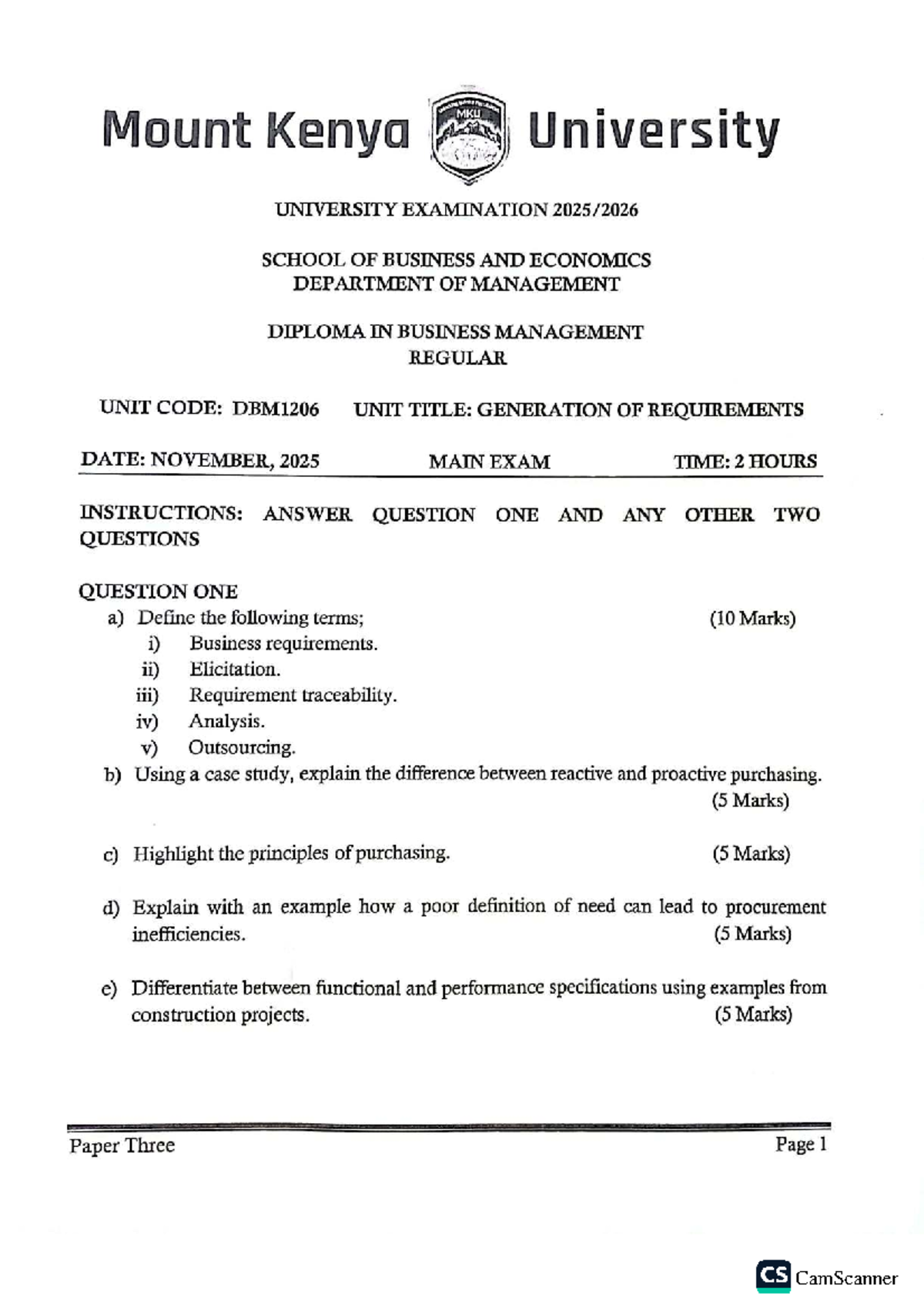 MKU DBM1206 Final Exam: Generation of Requirements and Sourcing - Studocu