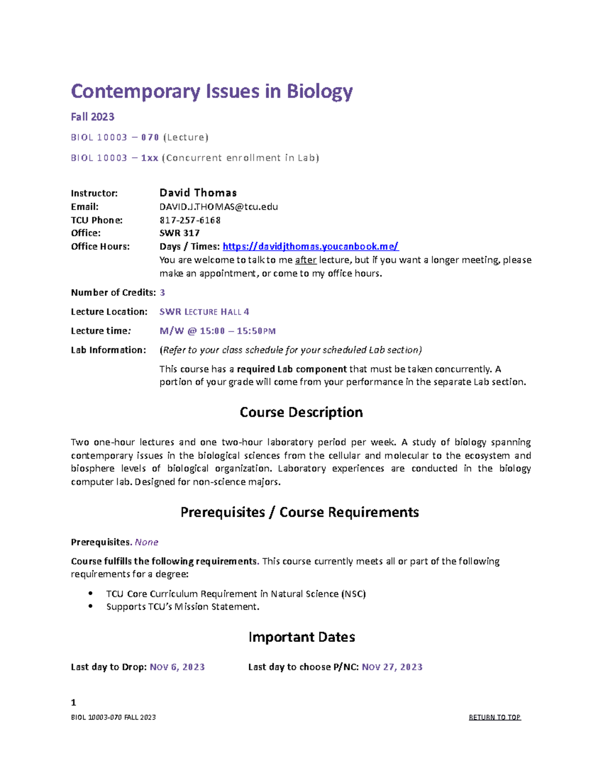 Contemporary Issues in Biology Syllabus - BIOL 10003-070 Fall 2023 ...