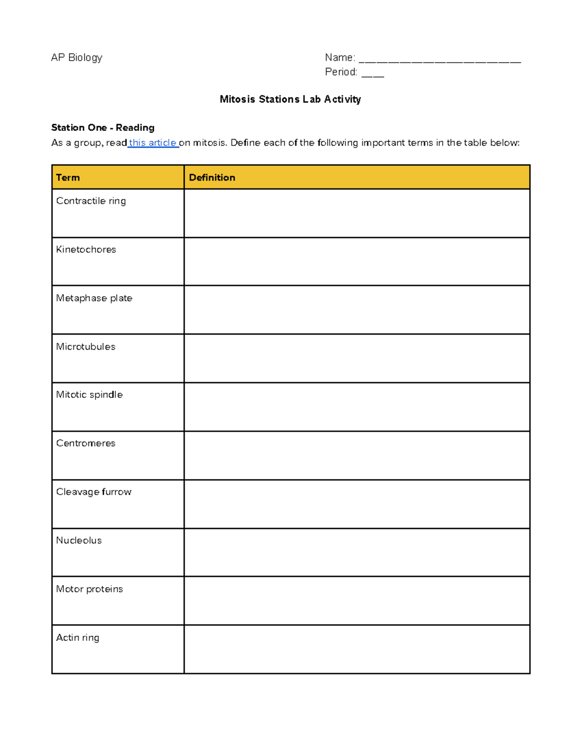 AP Biology Mitosis Stations Lab Activity 2023-2024 - Studocu
