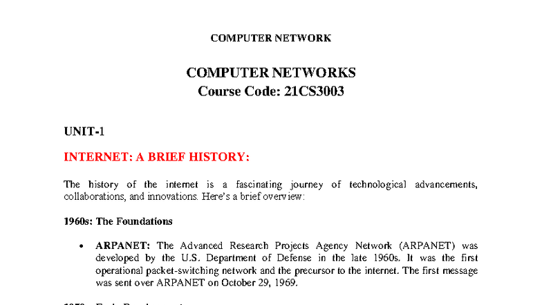 COMPUTER NETWORKS Course Code: 21CS3003 Unit 1 Notes on Internet ...