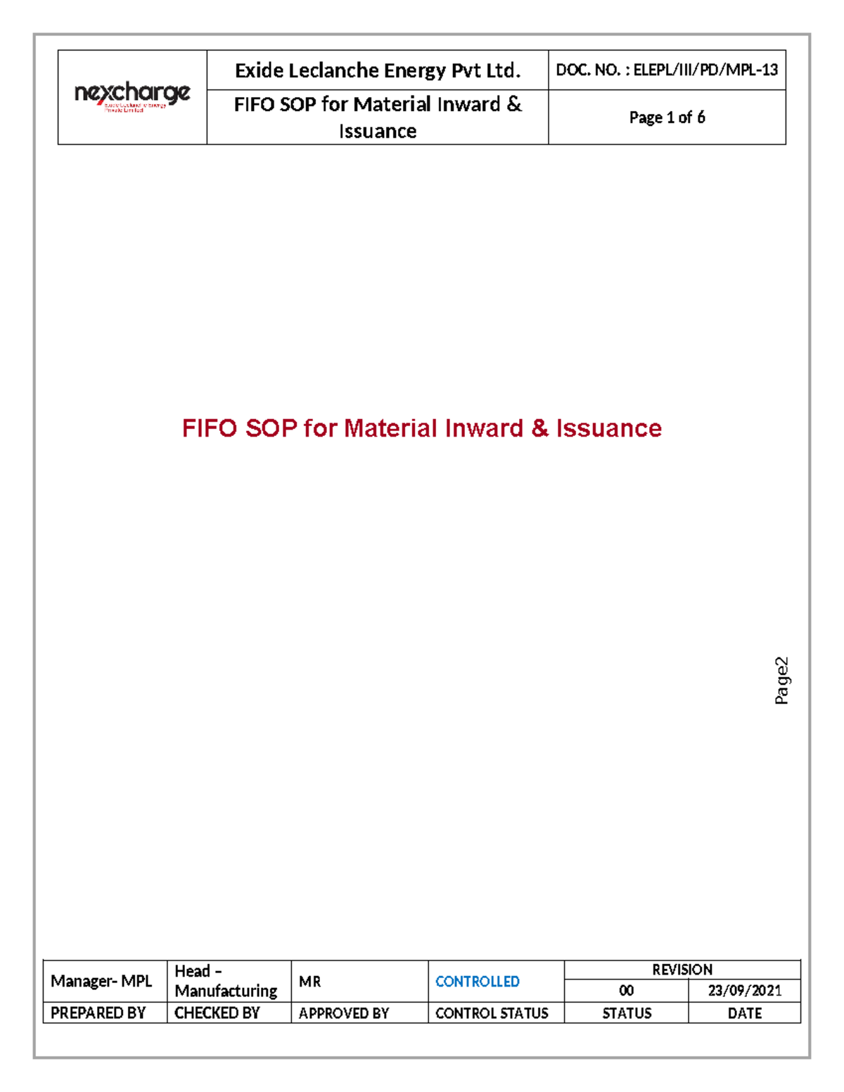 Elepl-III-PD-MPL-13 FIFO SOP - Page FIFO SOP for Material Inward ...
