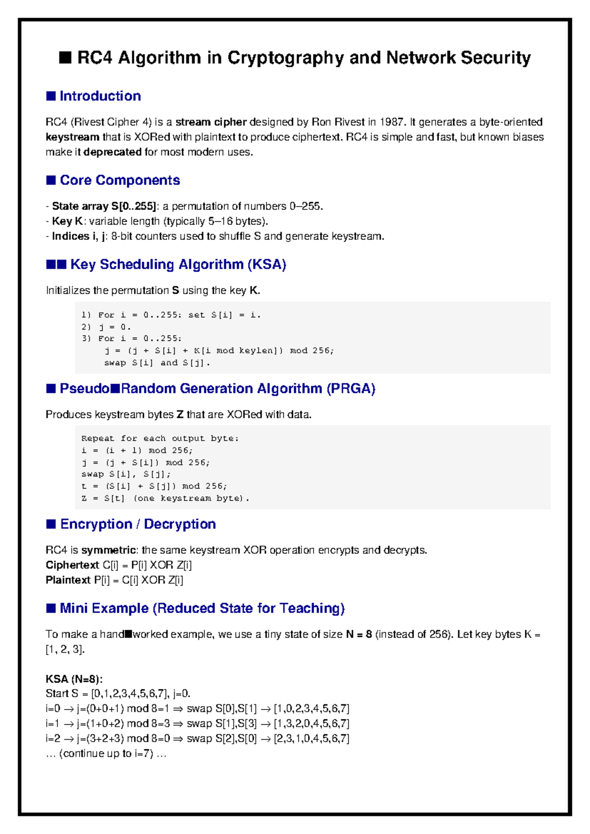 RC4 Algorithm Overview in Cryptography and Network Security - Studocu