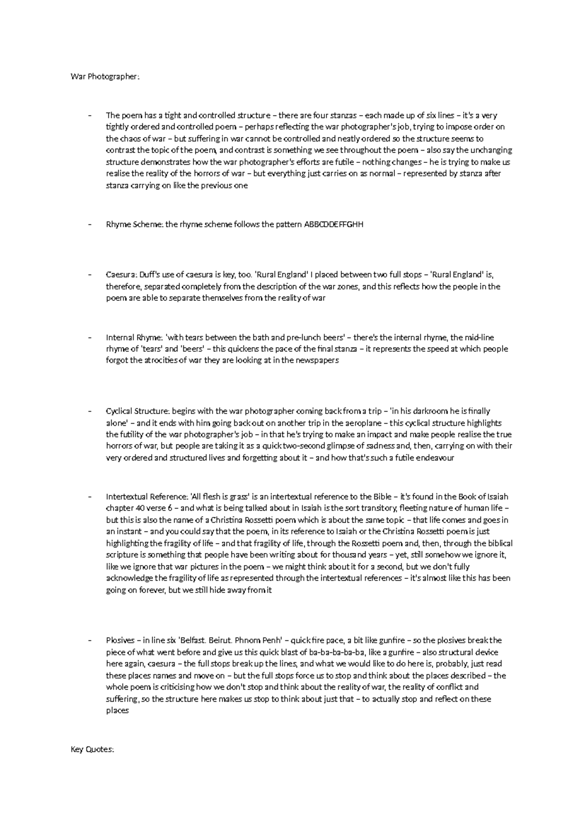 War Photographer (A Level) - Poem Analysis & Key Quotes Notes - Studocu