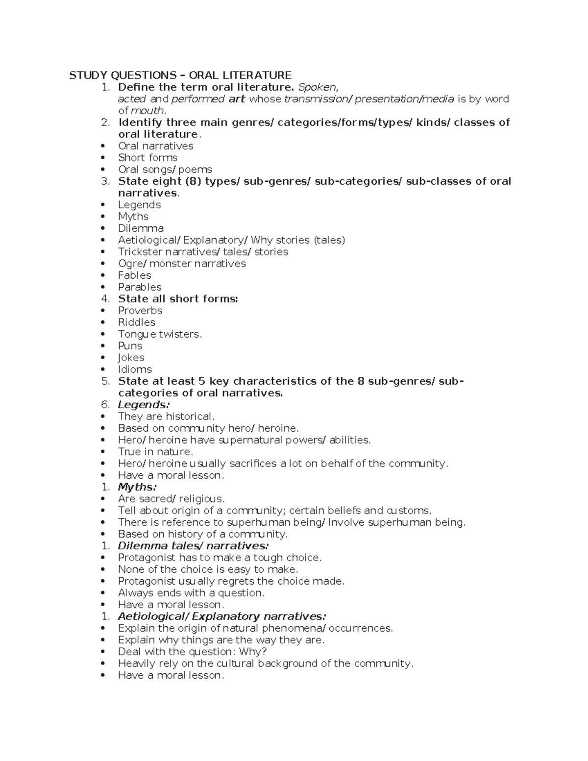 Final Exam Study Questions: ORAL Literature Overview - Studocu