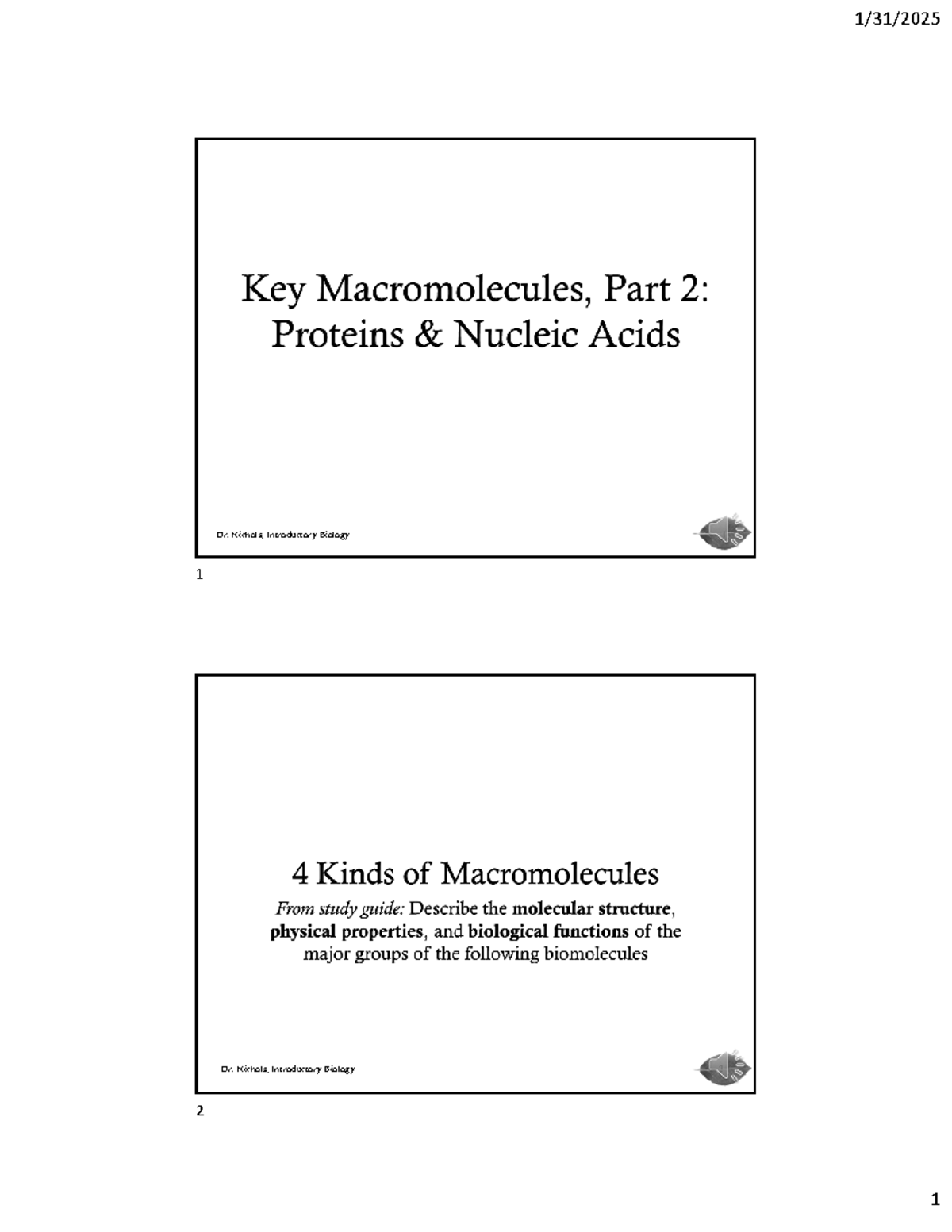 Introductory Biology 1: Lecture 6 - Macromolecules Overview - Studocu
