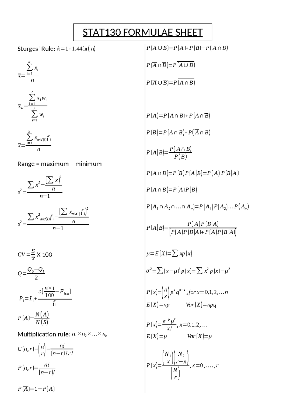 STAT130 FORMULAE SHEET: Key Statistical Concepts and Equations - Studocu