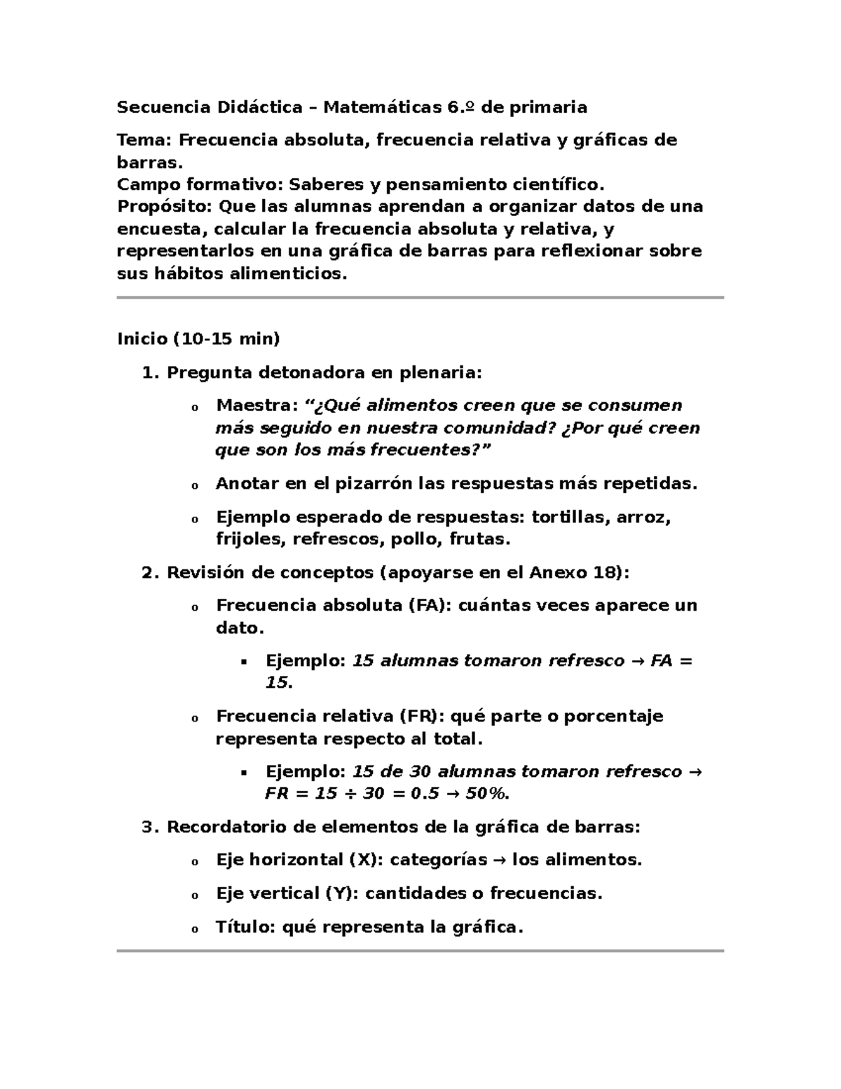 Secuencia Didáctica Matemáticas 6.º - Frecuencia y Gráficas de Barras ...