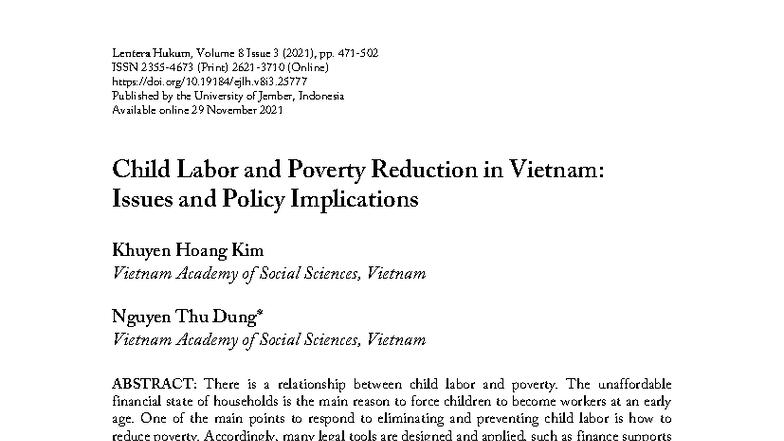 Child Labor and Poverty Reduction in Vietnam: Issues & Policies ...