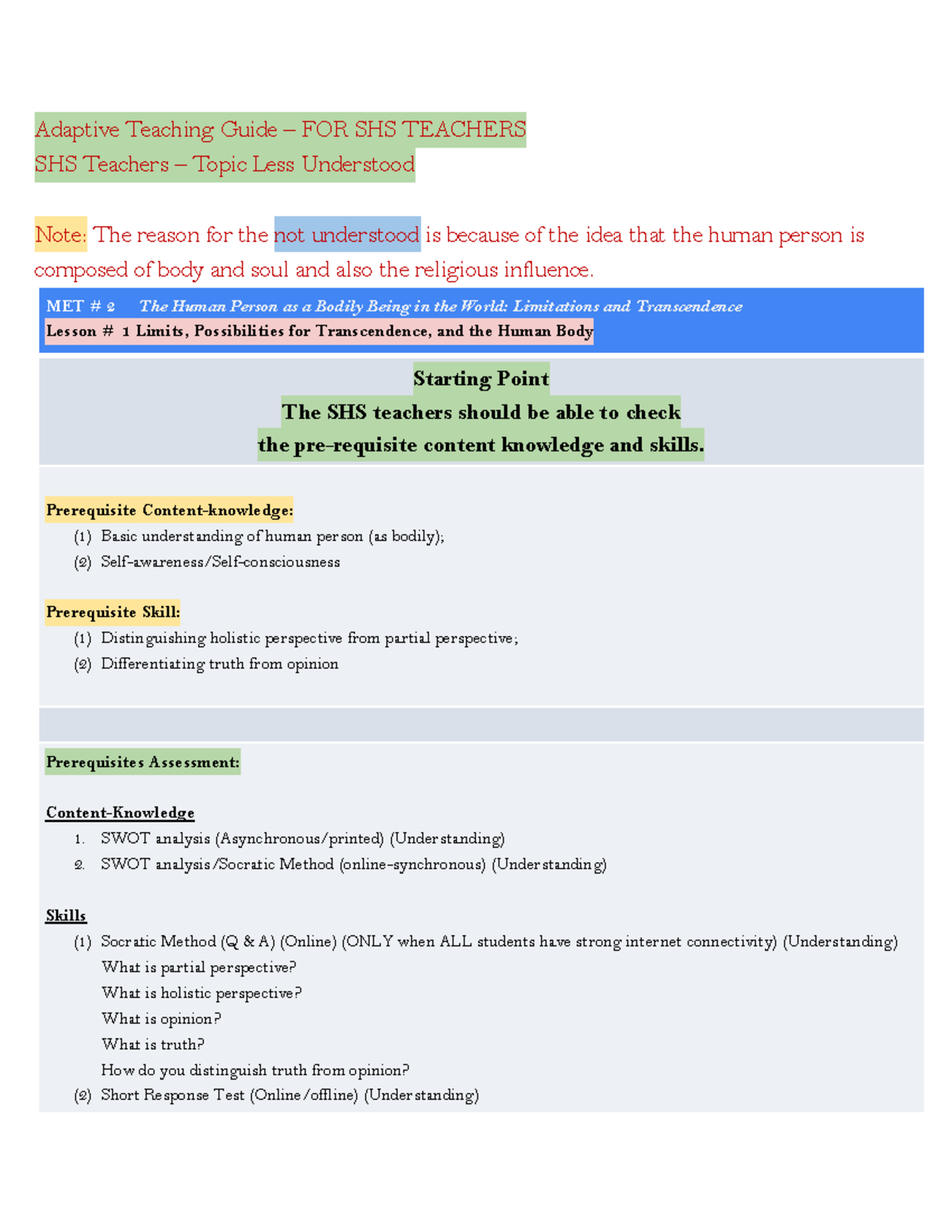 Adaptive Teaching Guide: Understanding the Human Person (MET 2) - Studocu