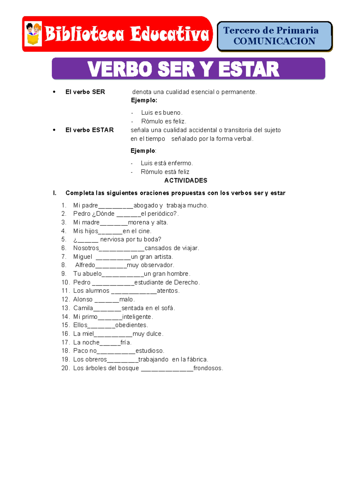 Verbo SER y ESTAR - Tercero de Primaria - Studocu
