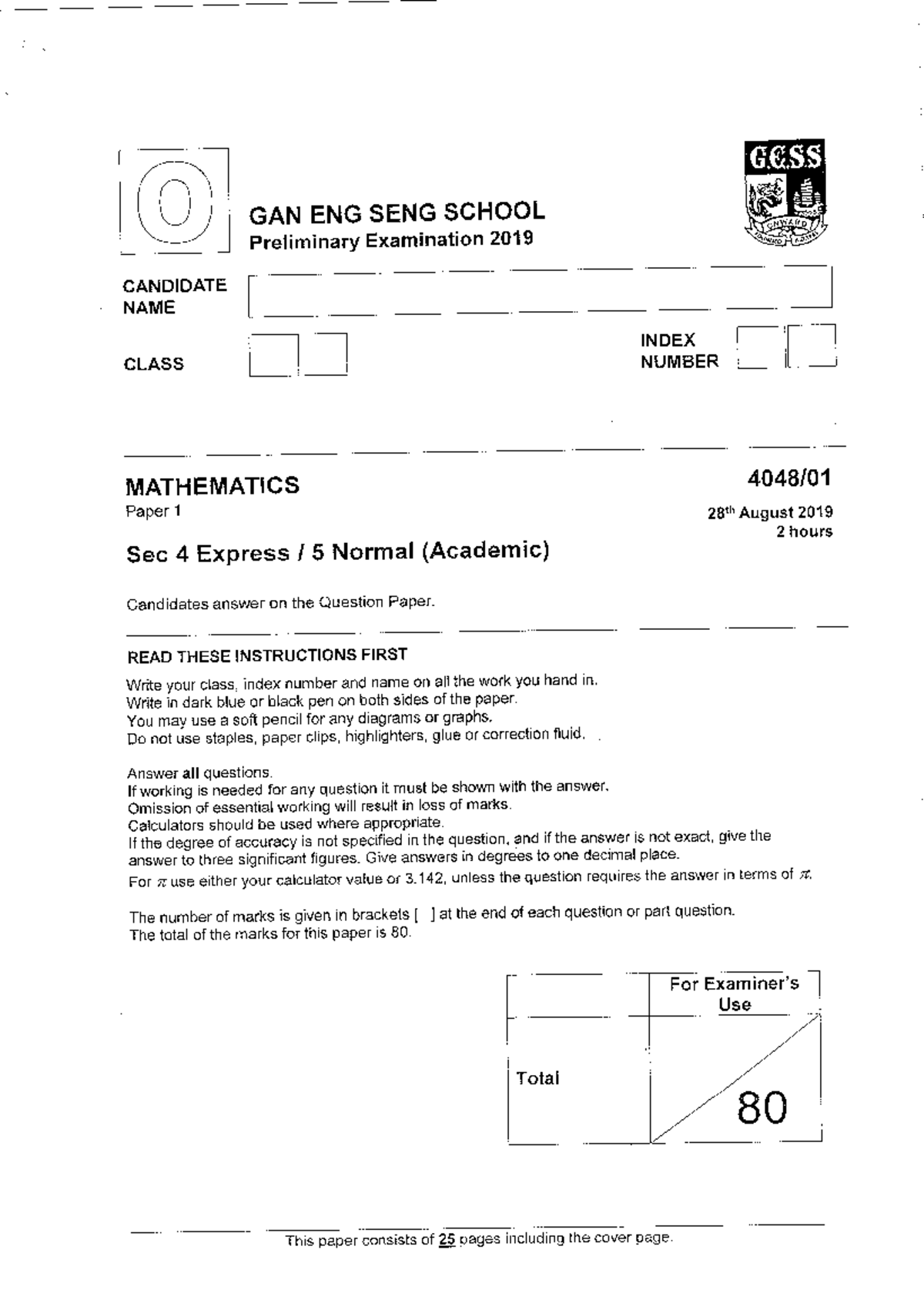 Math 2019 GESS - Sec 4/5 Normal E Math Paper 1 Preliminary Exam - Studocu