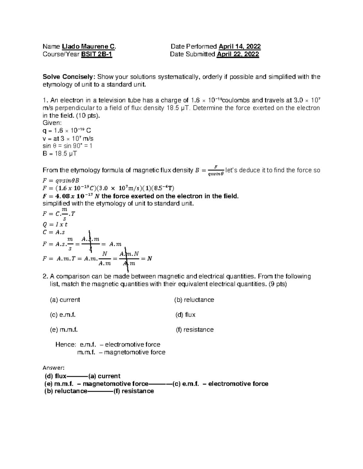 Magnetic Field Analysis and Calculations for BSIT Course - Studocu