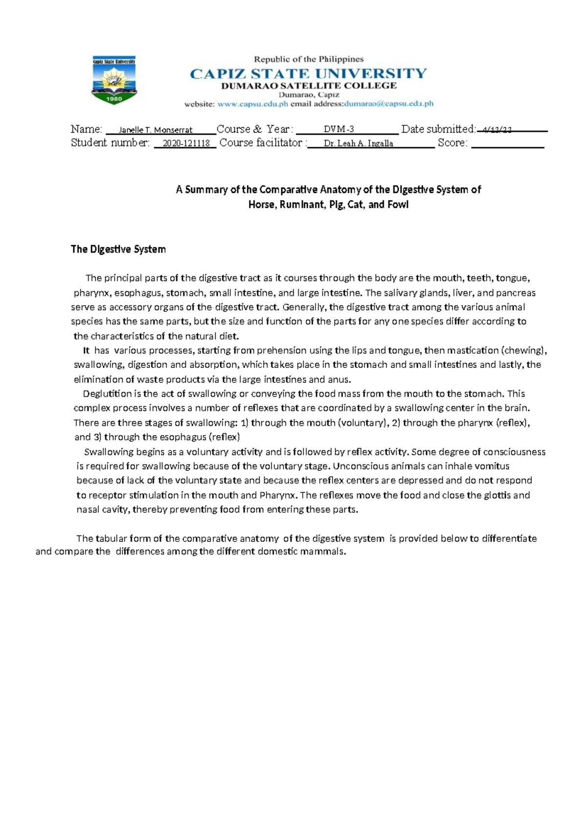Comparative Anatomy DVM-3: Digestive System Summary Notes - Studocu