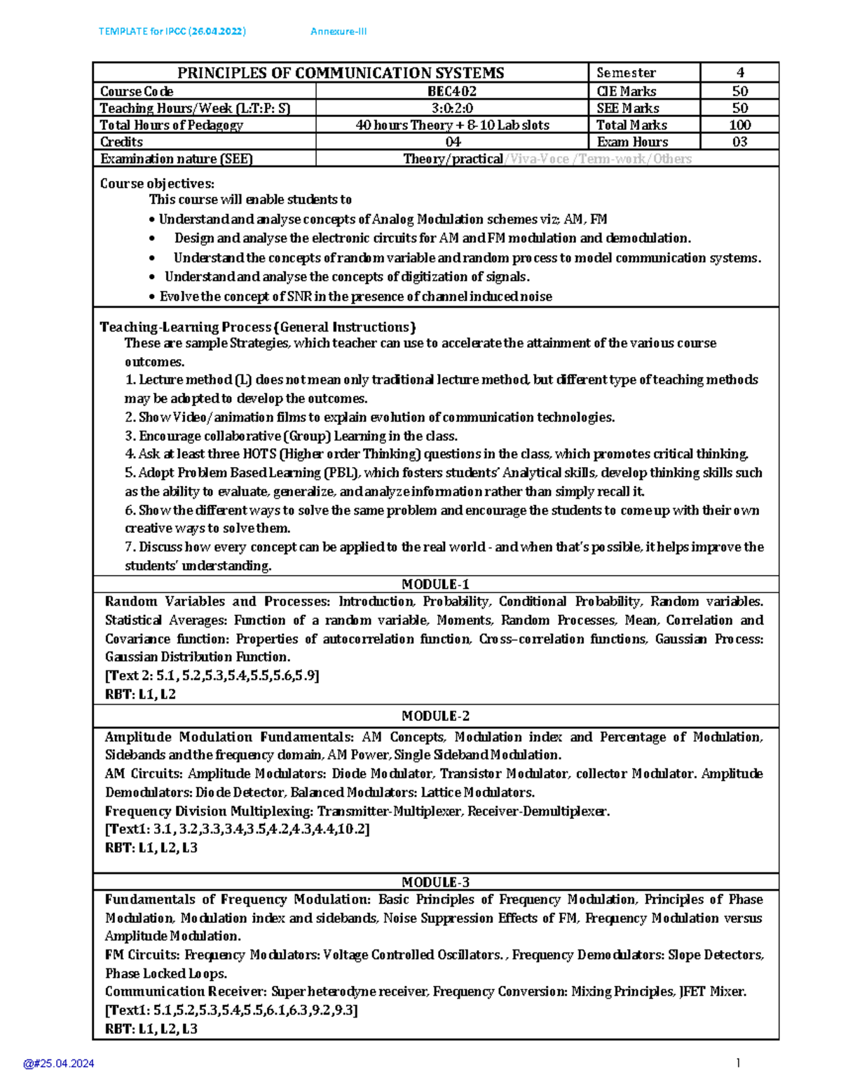 BEC402 Principles of Communication Systems Syllabus - Semester 4 - Studocu