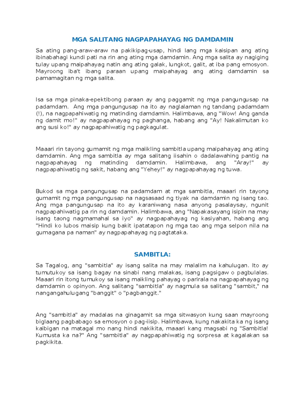 MGA SALITANG NAGPAPAHAYAG NG DAMDAMIN: MGA GAWAIN AT PAGTATASA - Studocu