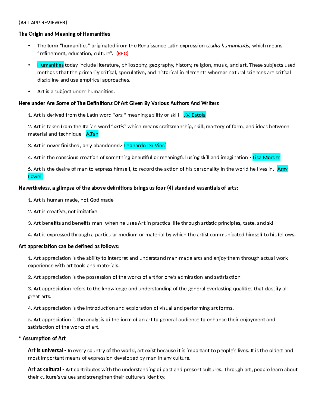 ART APP (REC) Humanities: Understanding the Essence of Art - Studocu