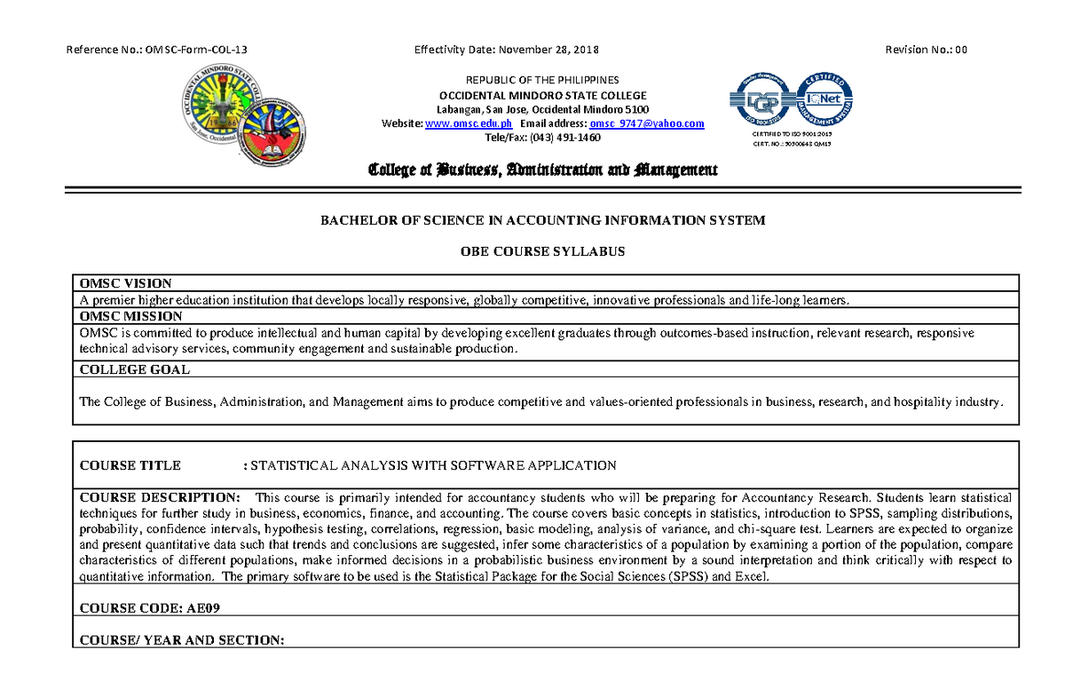 Syllabus for AE Statistical Analysis with Software Application Course - Studocu