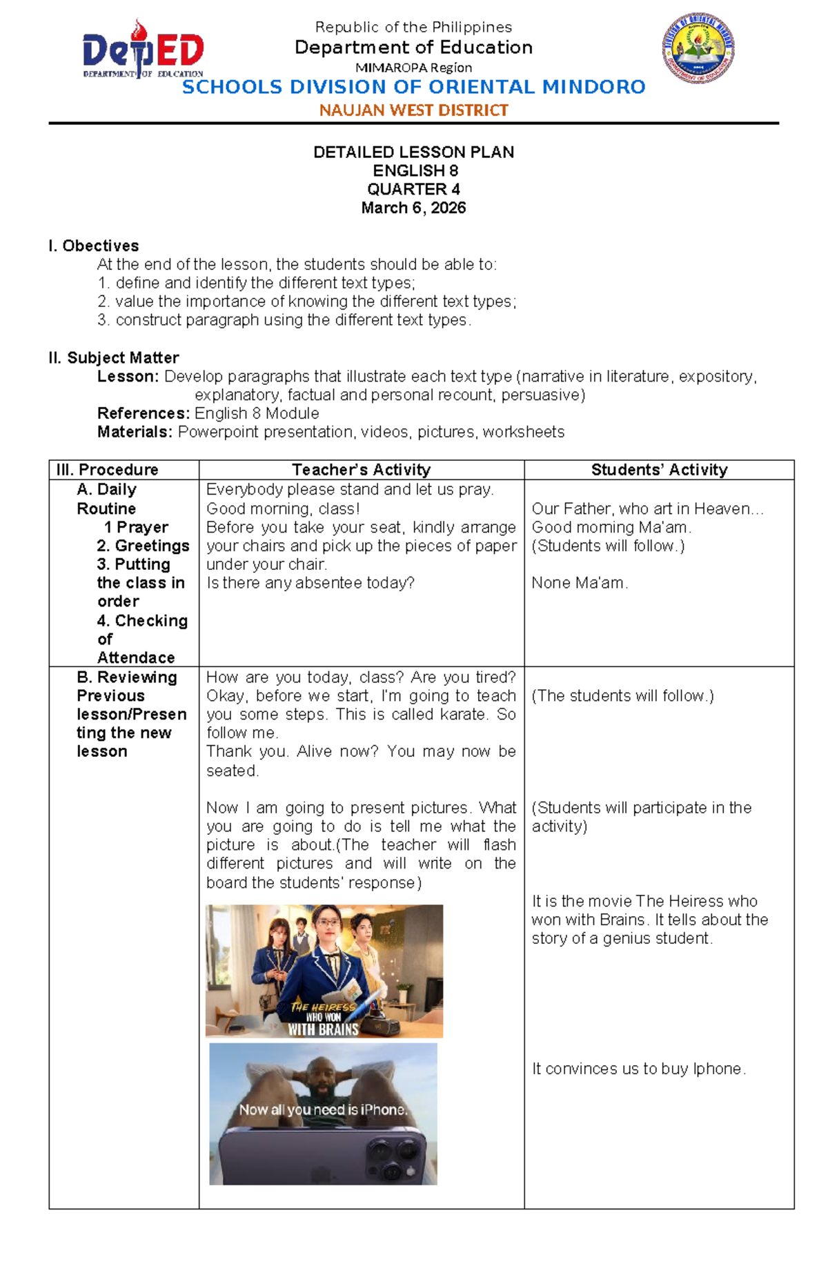 Detailed Lesson Plan for English 8 (Quarter 4) - March 6, 2026 - Studocu
