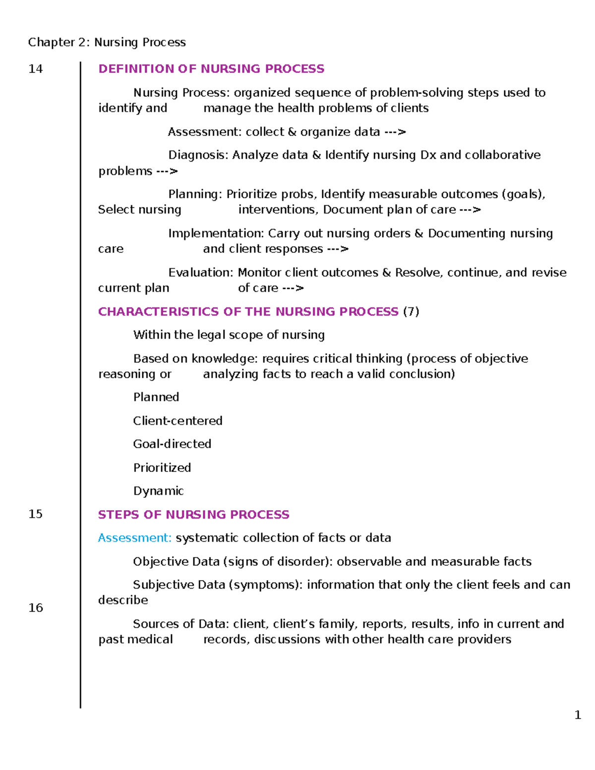 Chapter 2 Notes: Understanding the Nursing Process - Studocu