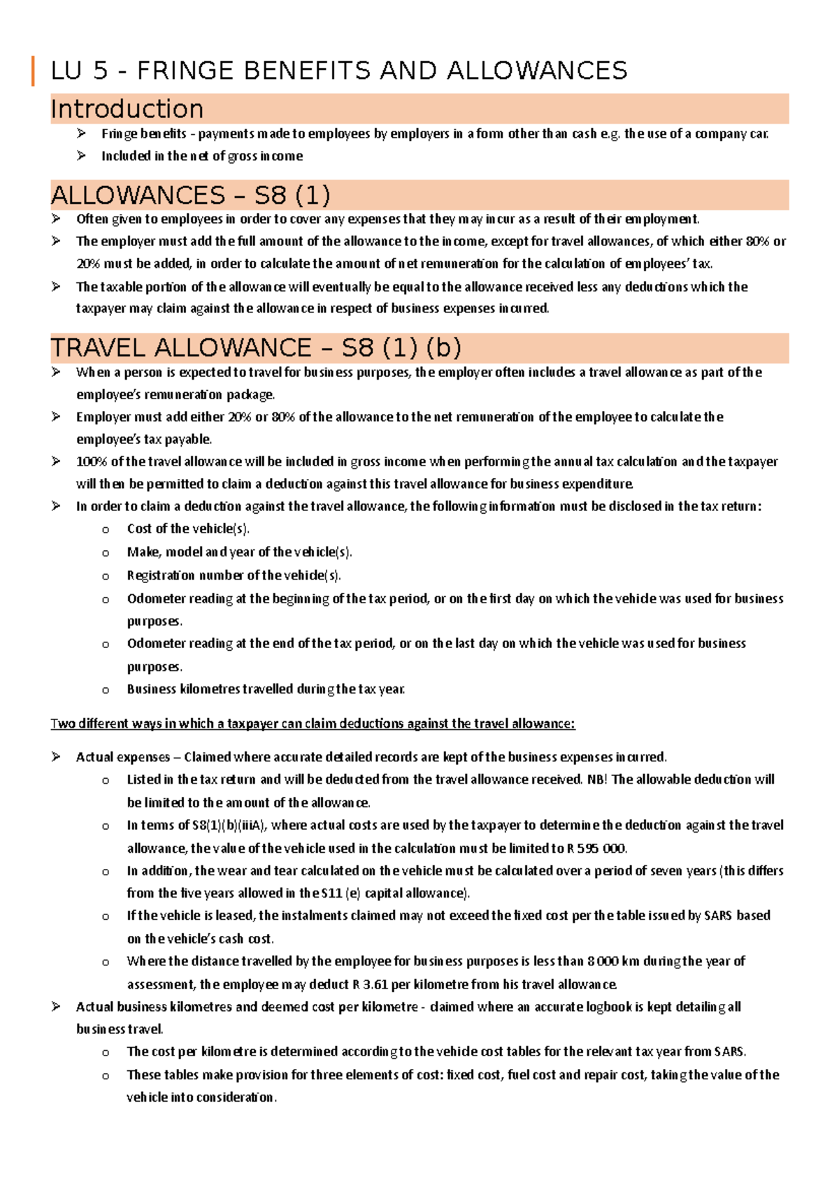 LU 5 Fringe Benefits - Tax Principles Overview and Allowances Summary ...