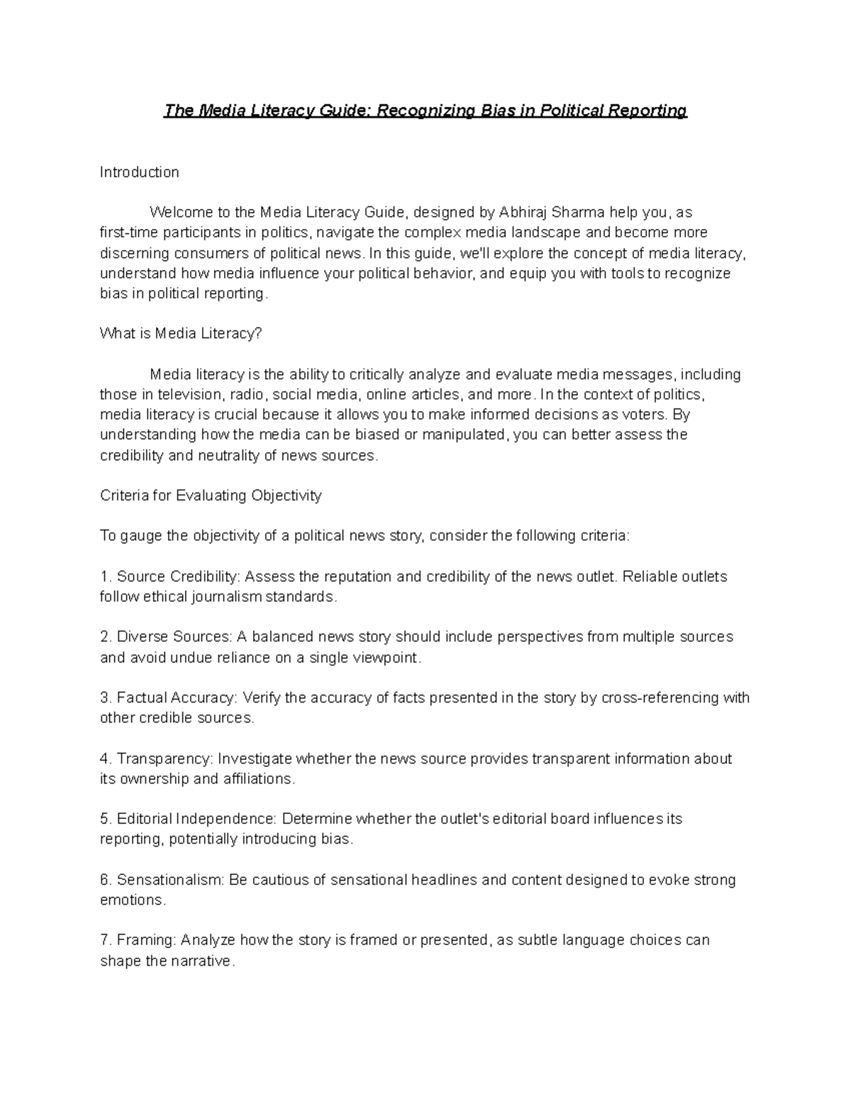Media Literacy Guide: Recognizing Bias in Political Reporting - APEX 10 ...