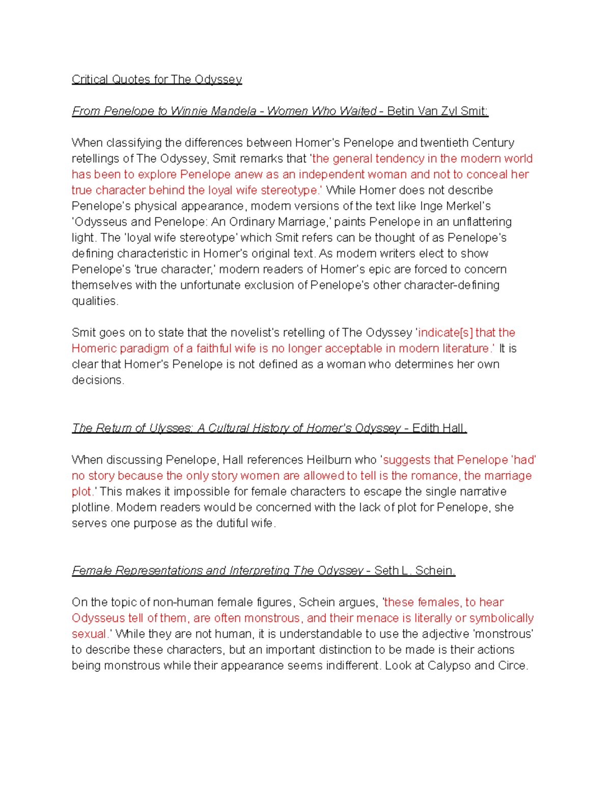 Critical Quotes for The Odyssey - QXE-3105 - Bangor - Studocu