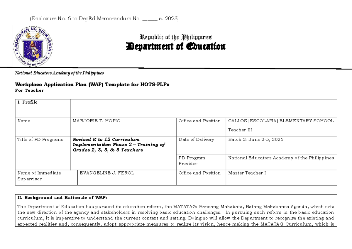 WAP Template for Teacher I: MATATAG Curriculum Implementation Plan ...